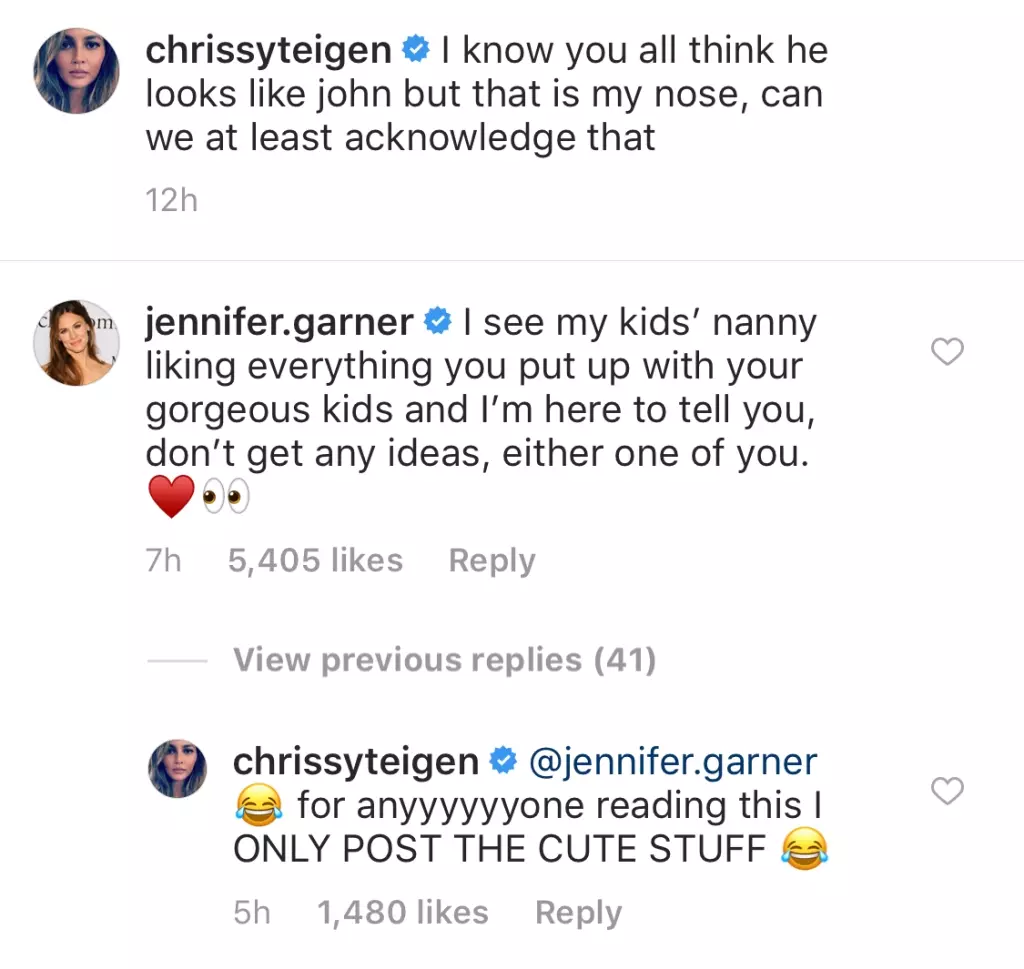 Foto de la Instagram-konversacio de Jennifer Garner kaj Chrissy Teigen pri Luna kaj Miles