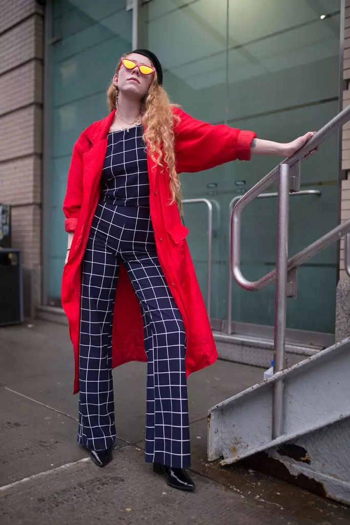 Dressing More Original: Red Trench mat Navy Blue Print Outfit