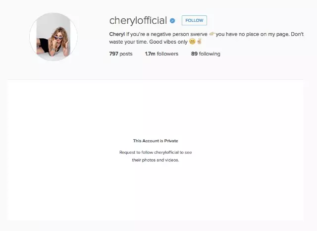 Cheryl Fernandez-Versini hufanya akaunti ya Instagram kuwa ya faragha
