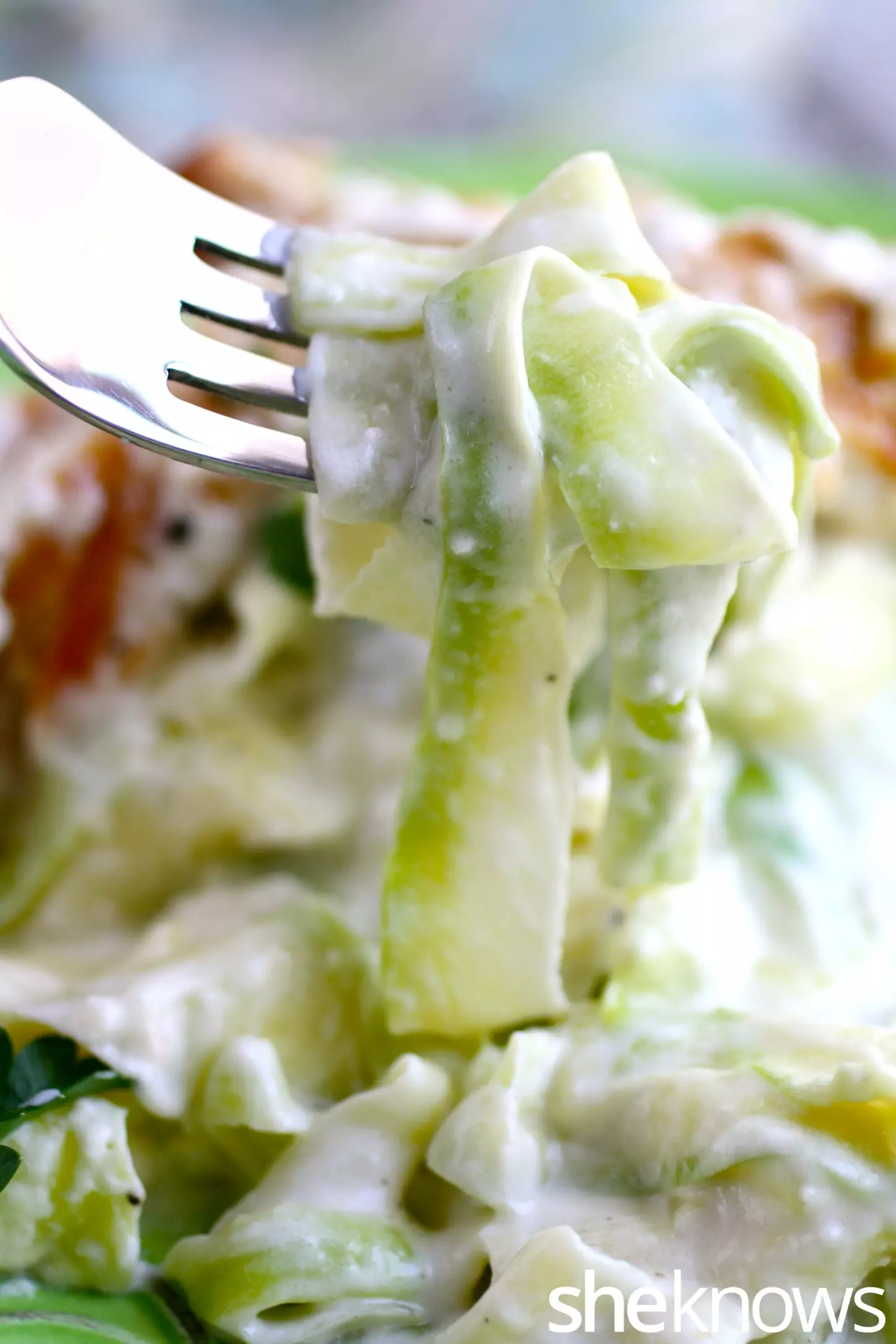 Twirl to your heart's content: gluten-free lighter chicken Alfredo with zuccini ribbon fettuccine