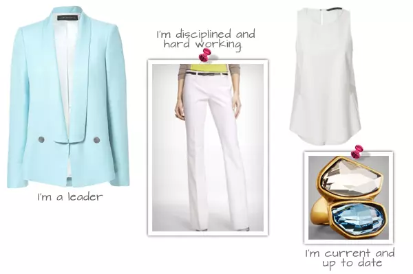 Tuxedo—Style Blazer (zara.com, $129), Kulit Tiruan lan Mesh Top (zara.com, $60), Columnist White Pant (express.com, $80), Oscar de la Renta Crystal Ring (neimanmarcus.com, $164)